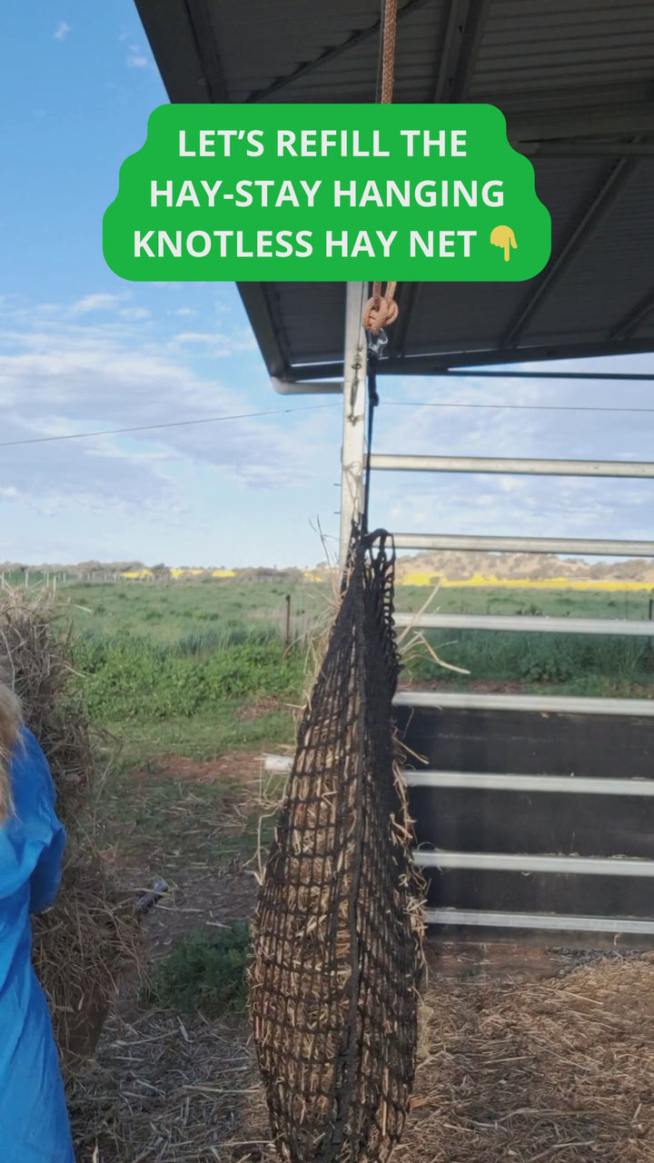 Hay-Stay Hanging Knotless Hay Net – GutzBusta® Slow Feed Hay Nets